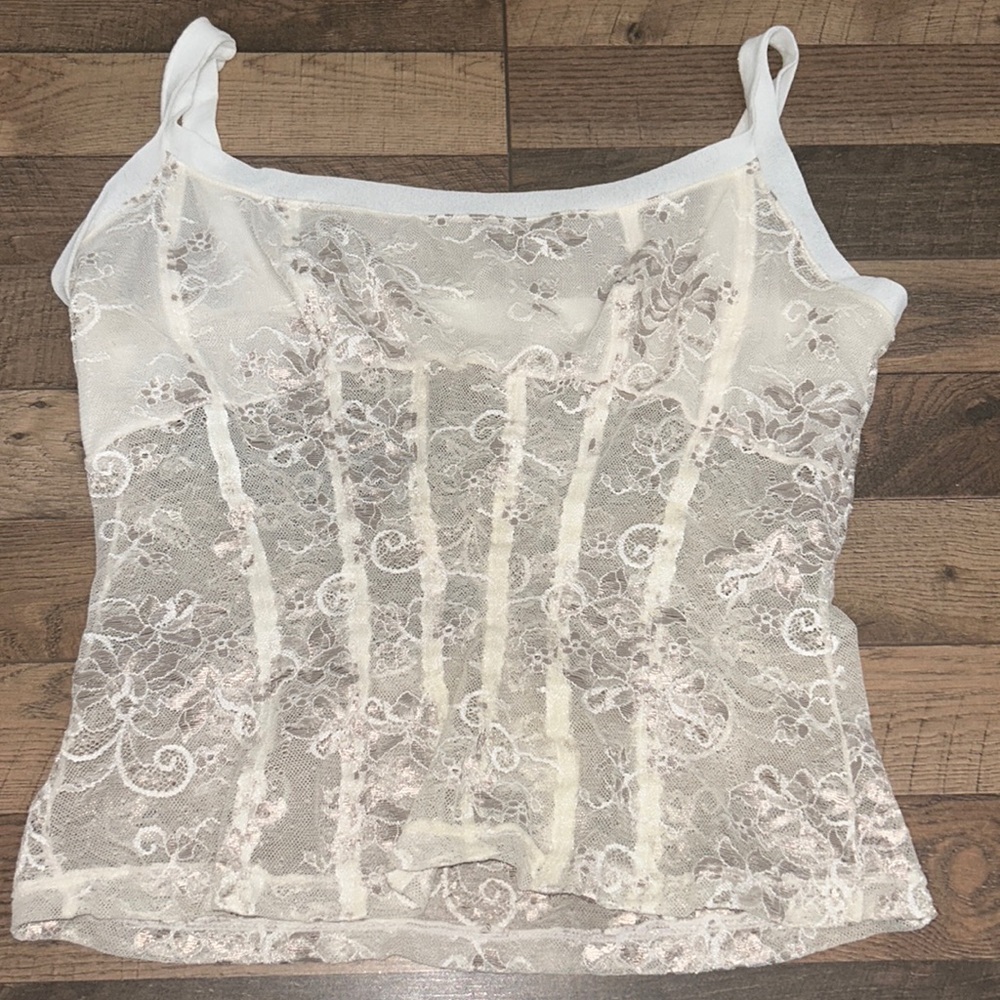 Vintage 90s Lace Coquette Sheer Corset Lace Ivory Cam… - Gem